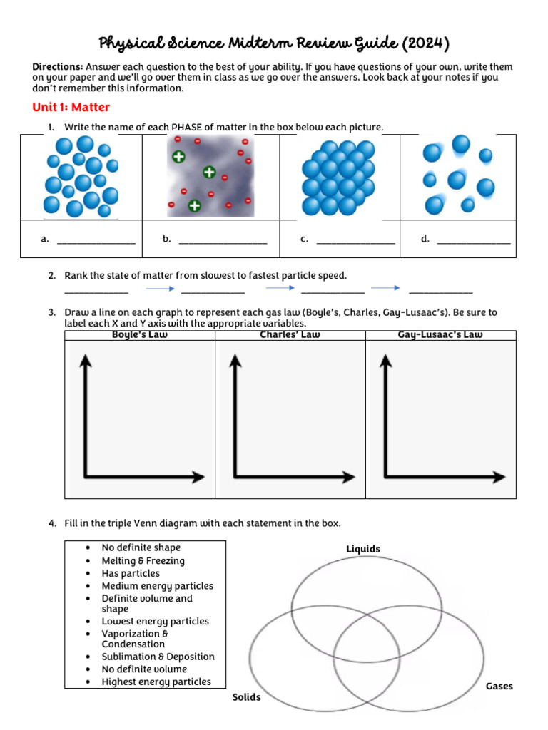 2024 Physical Science Midterm Review Guide | PDF | Chemical Elements | Chemical Bond