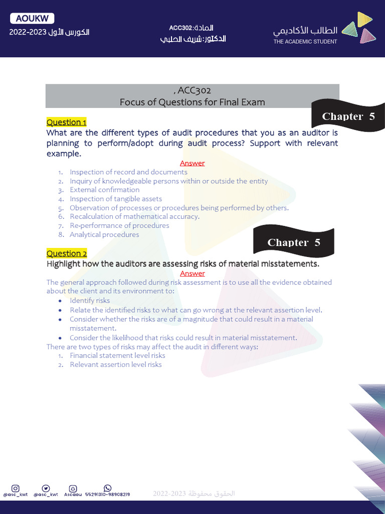 Focus of Questions for Final Exam_ACC302_1 | PDF | Audit | Internal Control