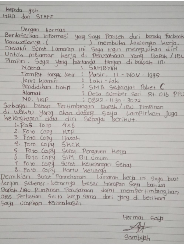 surat lamaran kerja HDT | PDF