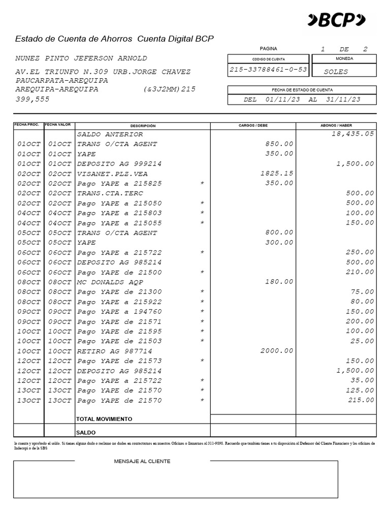 ESTADO DE CUENTA BCP OCT | PDF