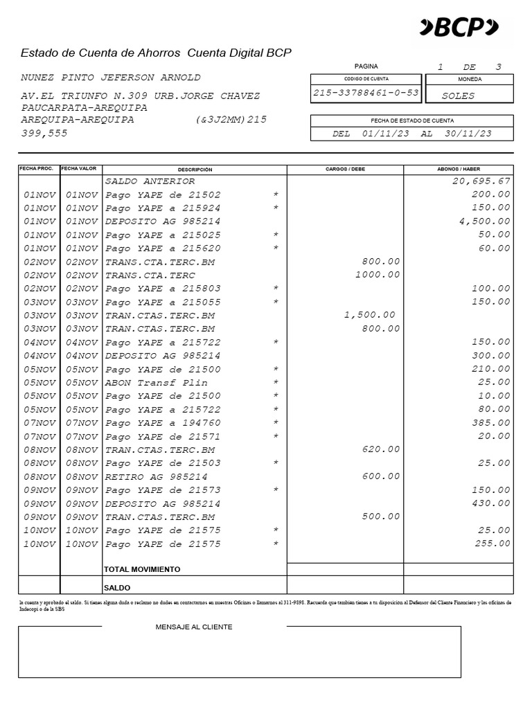 Estado de Cuenta BCP Nov | PDF