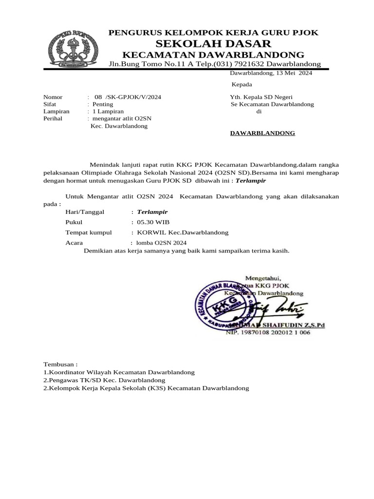 SURAT TUGAS KKG PJOK O2SN 2024 | PDF