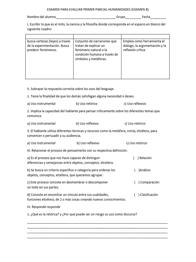 EXAMEN B PARA EVALUAR PRIMER PARCIAL HUMANIDADES | PDF