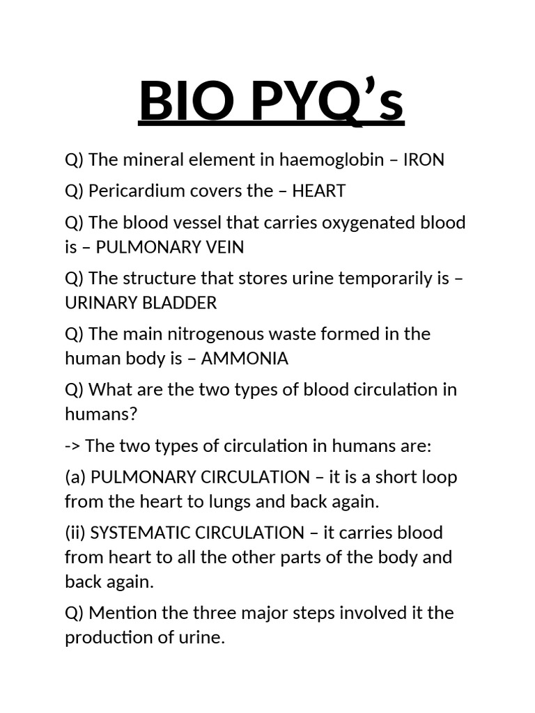 Bio Pyq's For Class 10 Icse | PDF | Atrium (Heart) | Ventricle (Heart)