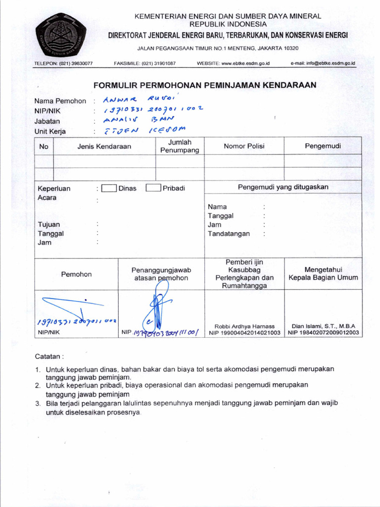 Formulir Peminjaman Kendaraan | PDF