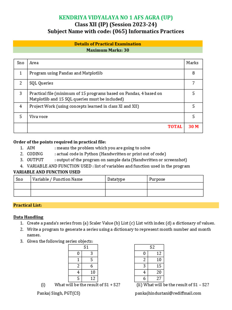 XII IP Practical List 2023-24 | PDF | Computing | Computer Programming