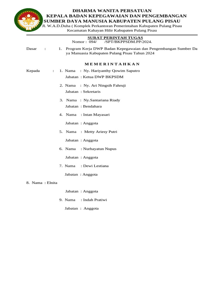 Surat Tugas Dharma Wanita Persatuan BKPPSDM Pulpis | PDF