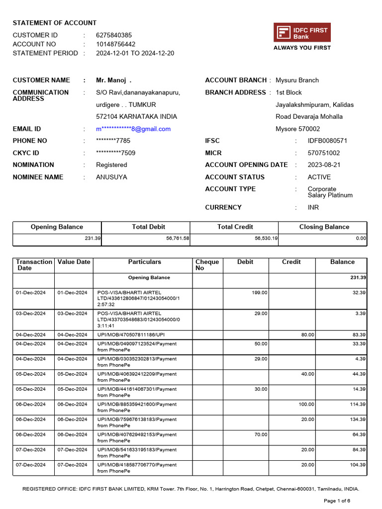 IDFCFIRSTBankstatement_10148756442 | PDF | Payments | Credit Card