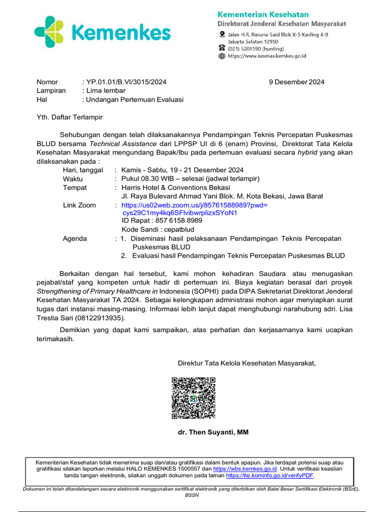 v1 Undangan Pertemuan Evaluasi Pendampingan Teknis Percepatan BLUD Puskesmas 19-21 Des 2024 | PDF