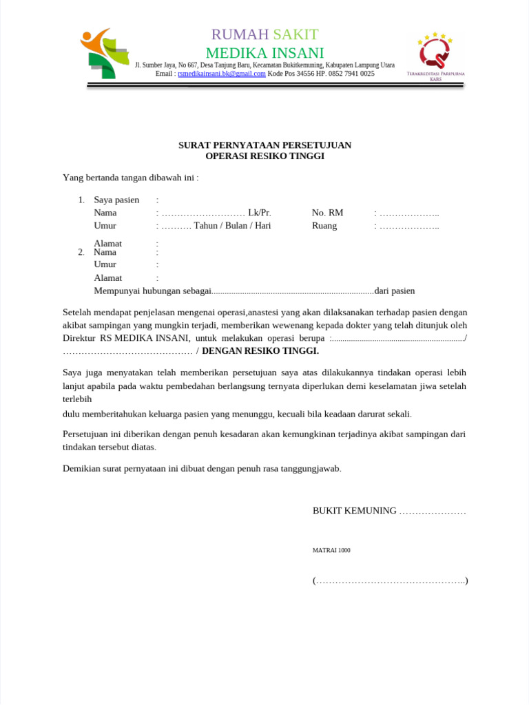 Surat Persetujuan Operasi Resiko Tinggi | PDF