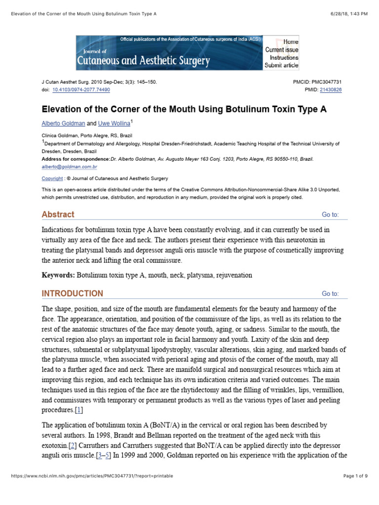 DAO and Platysma - Elevation of The Corner of The Mouth Using Botulinum ...