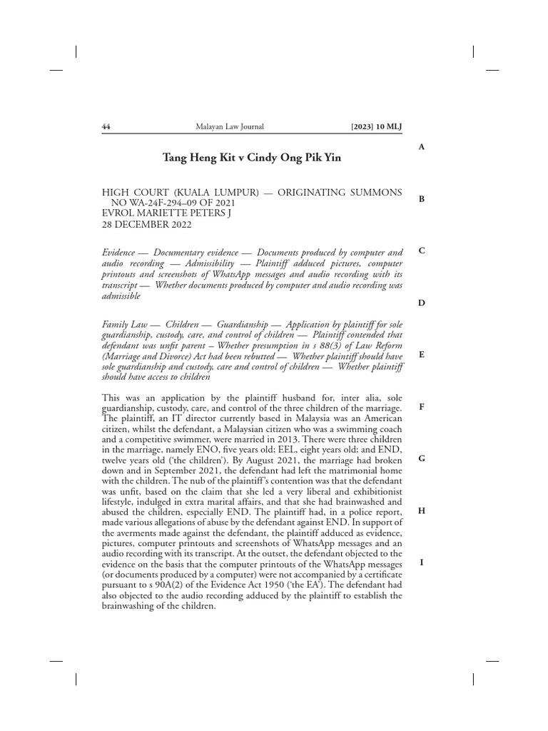Tang Heng Kit V Cindy Ong Pik Yin, (2023) 10 MLJ 44 - Attachment1 | PDF | Child Custody | Adultery