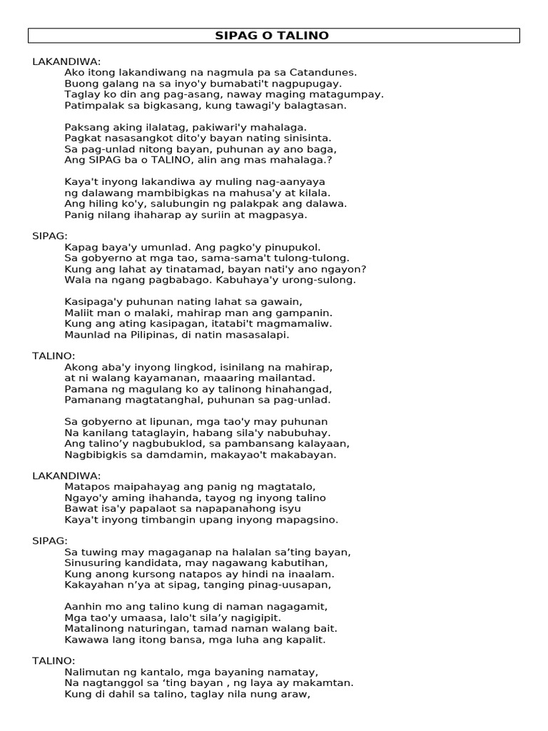 274180979-Balagtasan-Sipag-o-Talino | PDF