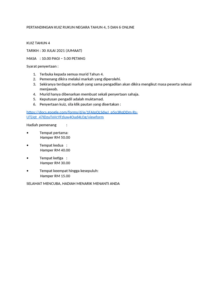 Pertandingan Kuiz Rukun Negara Tahun 4 | PDF