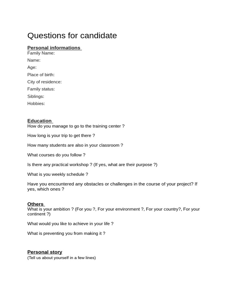 Candidate Interview Questionnaire | PDF