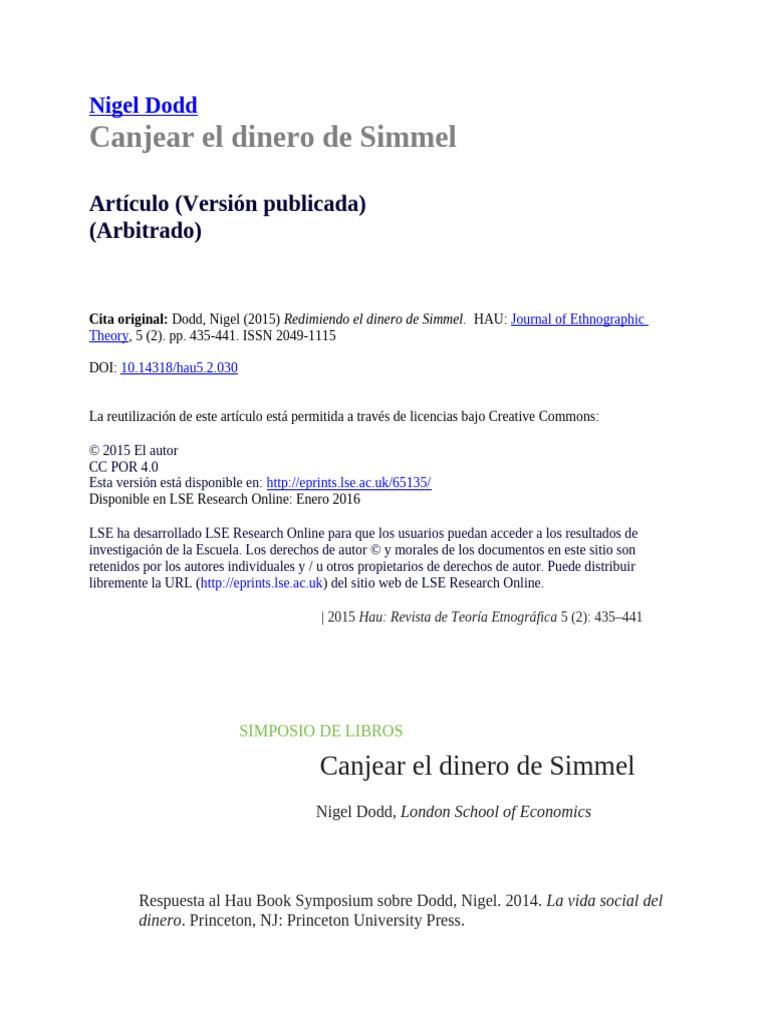 Nigel Dodd Cambiar El Dinero de Simmel | PDF | Dinero | Sociedad