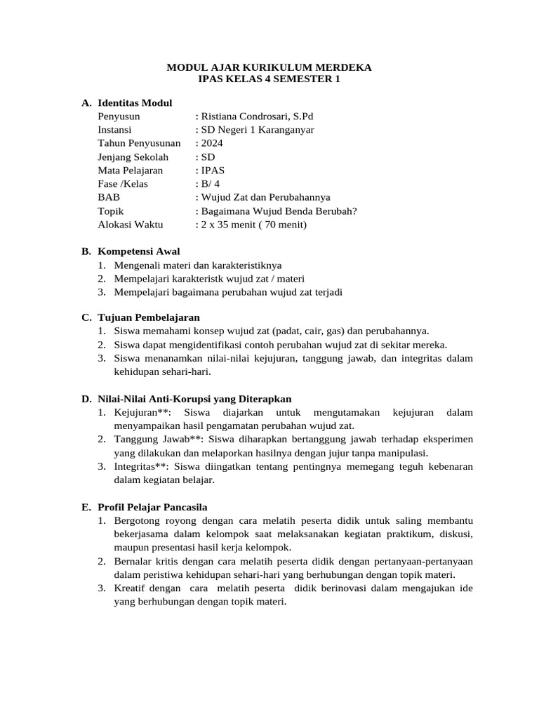RPP Pendidikan Anti Korupsi Ipas Kelas 4 | PDF