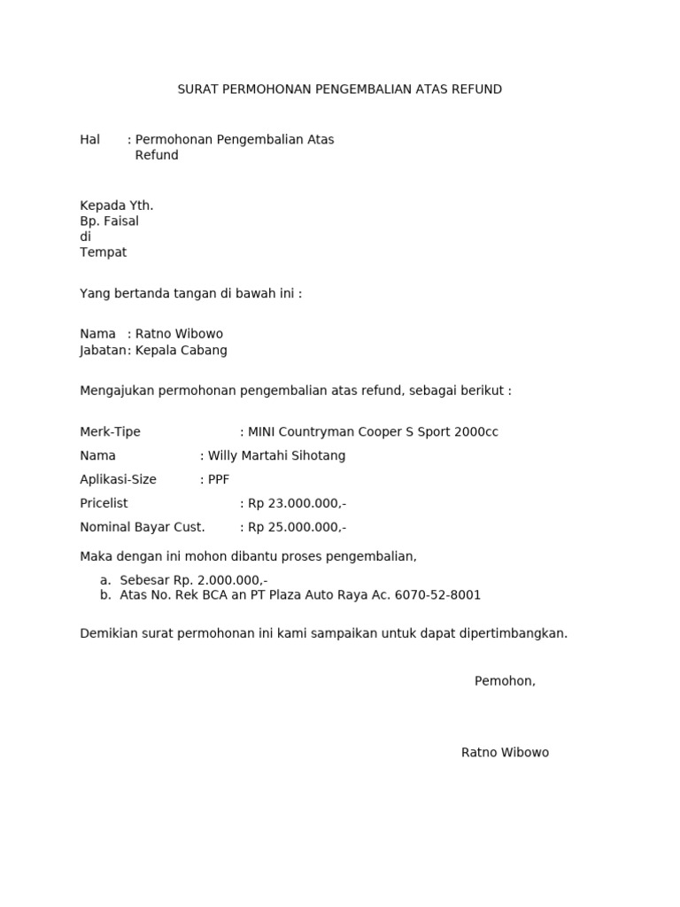 Surat Permohonan Pengembalian Atas Kelebihan Bayar Customer (3) (1) | PDF