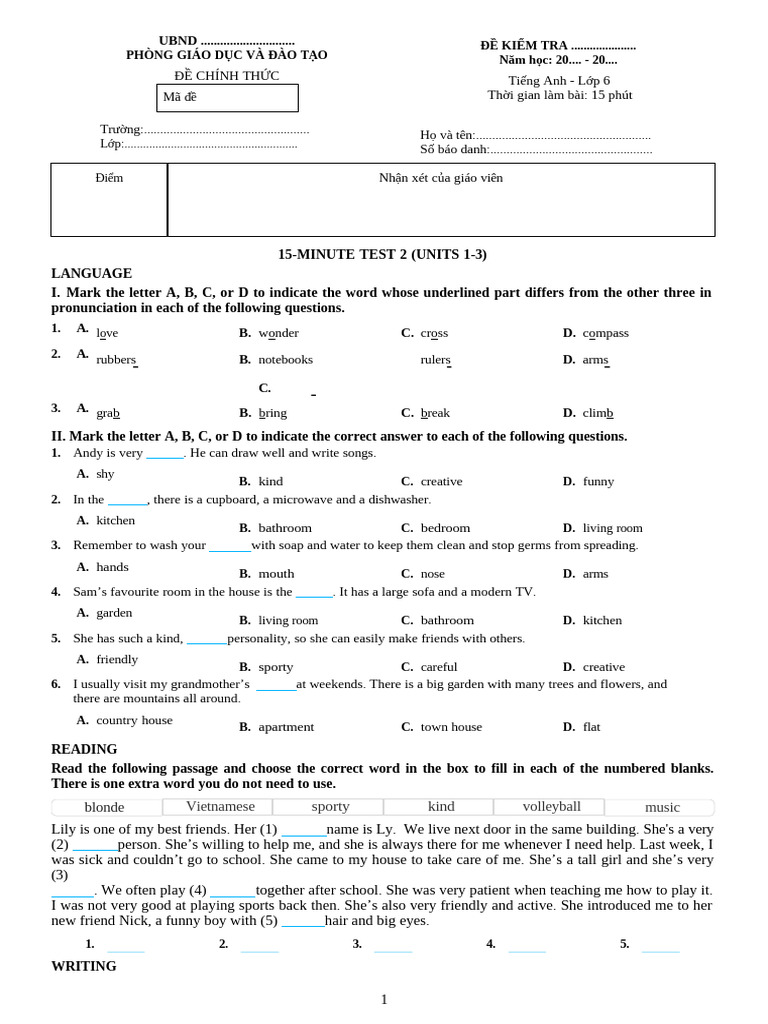 Hoclieu - 15-MINUTE TEST 2 (UNITS 1-3) | PDF