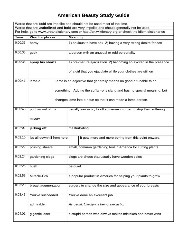 American Beauty Study Guide | PDF | Masturbation
