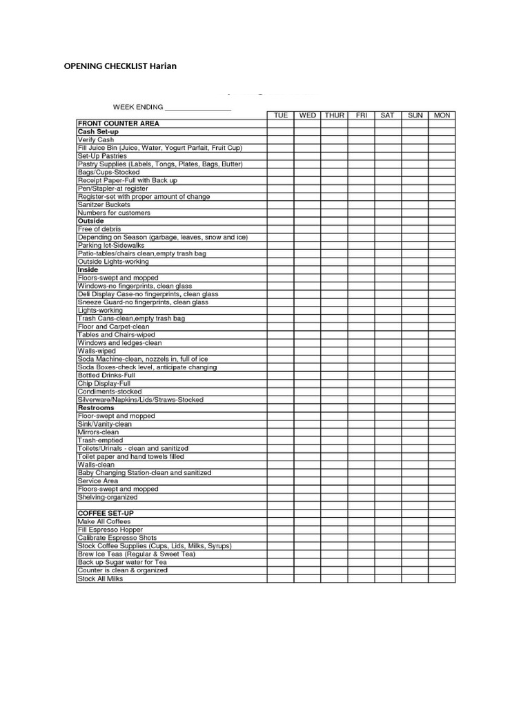 OPENING_CHECKLIST_Harian | PDF