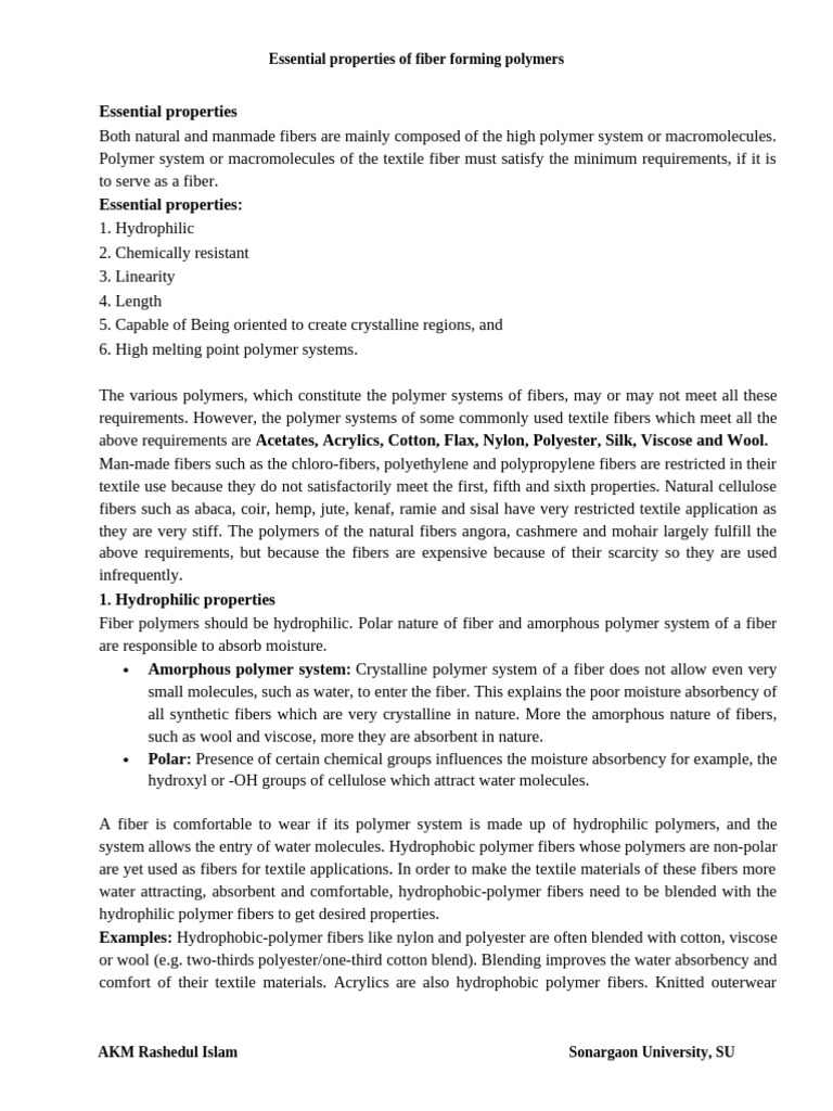 Essential properties of fiber forming polymers | PDF | Fibers | Textiles