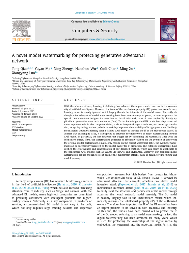A Novel Model Watermarking For GAN | PDF | Deep Learning | Applied ...