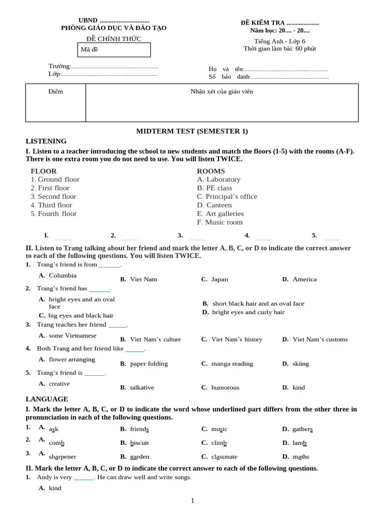 Grade 6 English Midterm Test | PDF