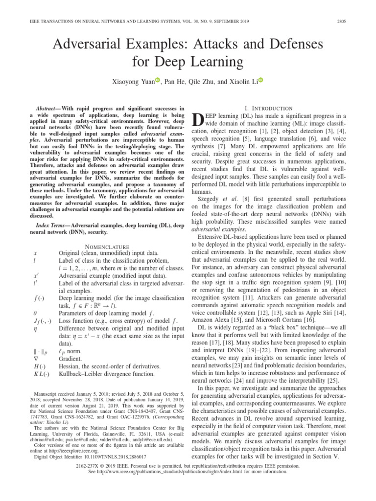 Adversarial Examples Attacks and Defenses for Deep Learning | PDF | Machine Learning | Deep Learning