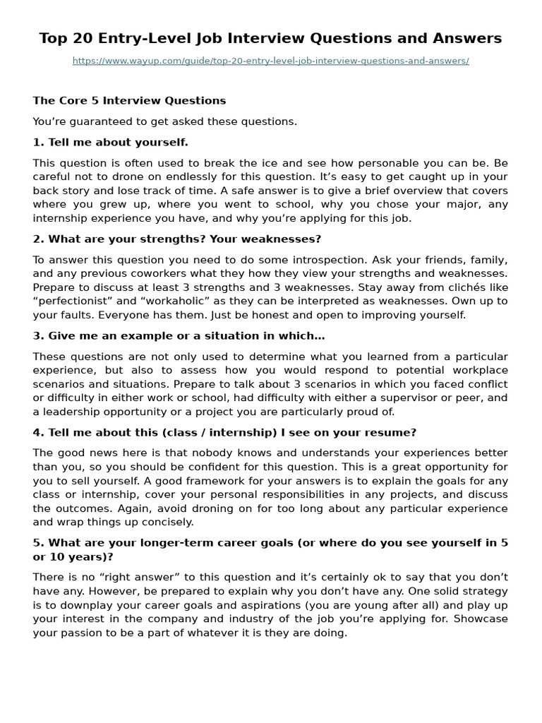Top 20 Entry Job Level Interview Questions and Answers | PDF | Experience | Job Hunting