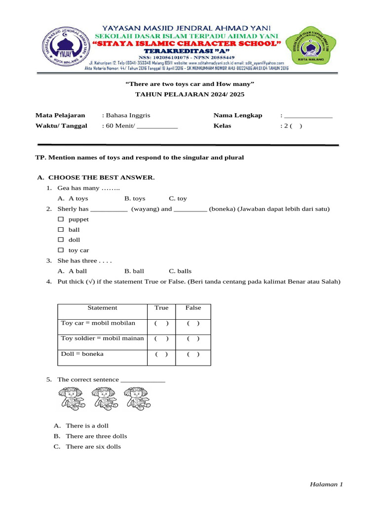 UH CH there are two toys car and how many (kelas 2)2425 | PDF