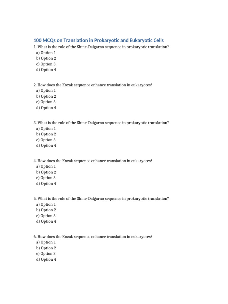 100 MCQs Translation Full | PDF | Translation (Biology) | Prokaryote 100 MCQs Translation Full | PDF | Translation (Biology) | Prokaryote