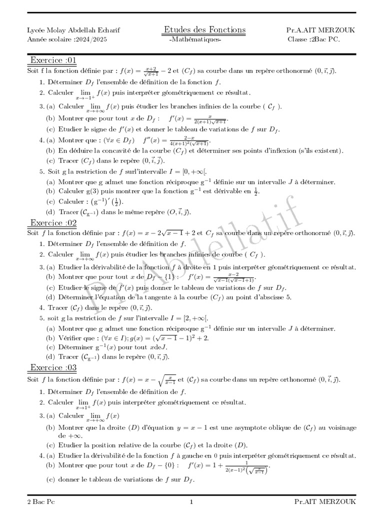 Exercices Corrigés sur les Fonctions | PDF | Fonction (Mathématiques ...
