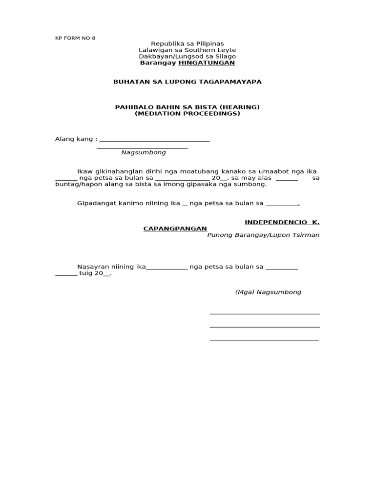 8 KP Form NOTICE OF HEARING - Binisaya | PDF