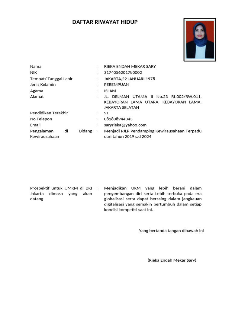 Format Daftar Riwayat Hidup Rieka Endah | PDF