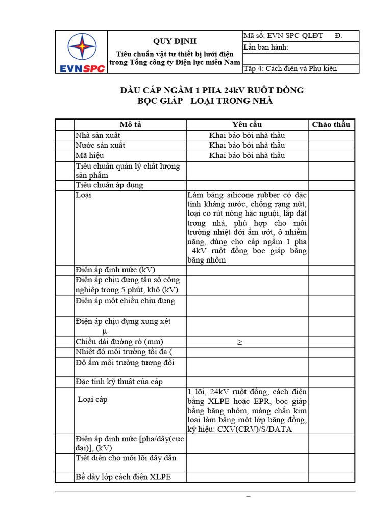 MCa-05 - Dau Cap Ngam 1 Pha 24 KV CXV (CRV) - S-DATA - Trong Nha | PDF