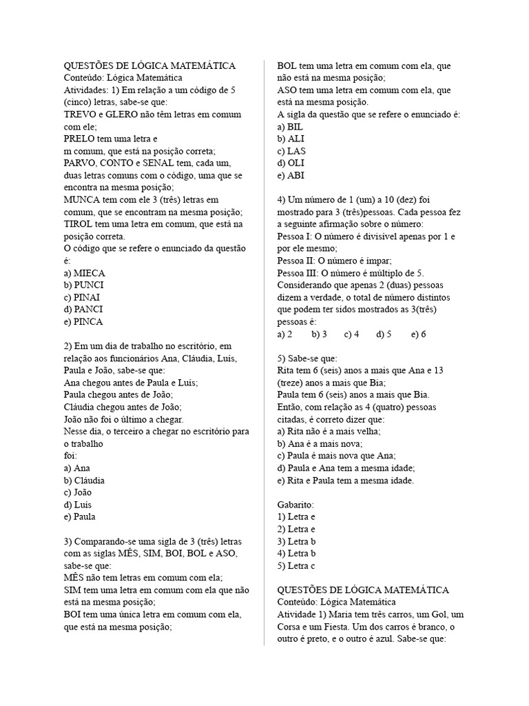 Questões de Lógica Matemática e Raciocínio | PDF | Verdade | Réptil