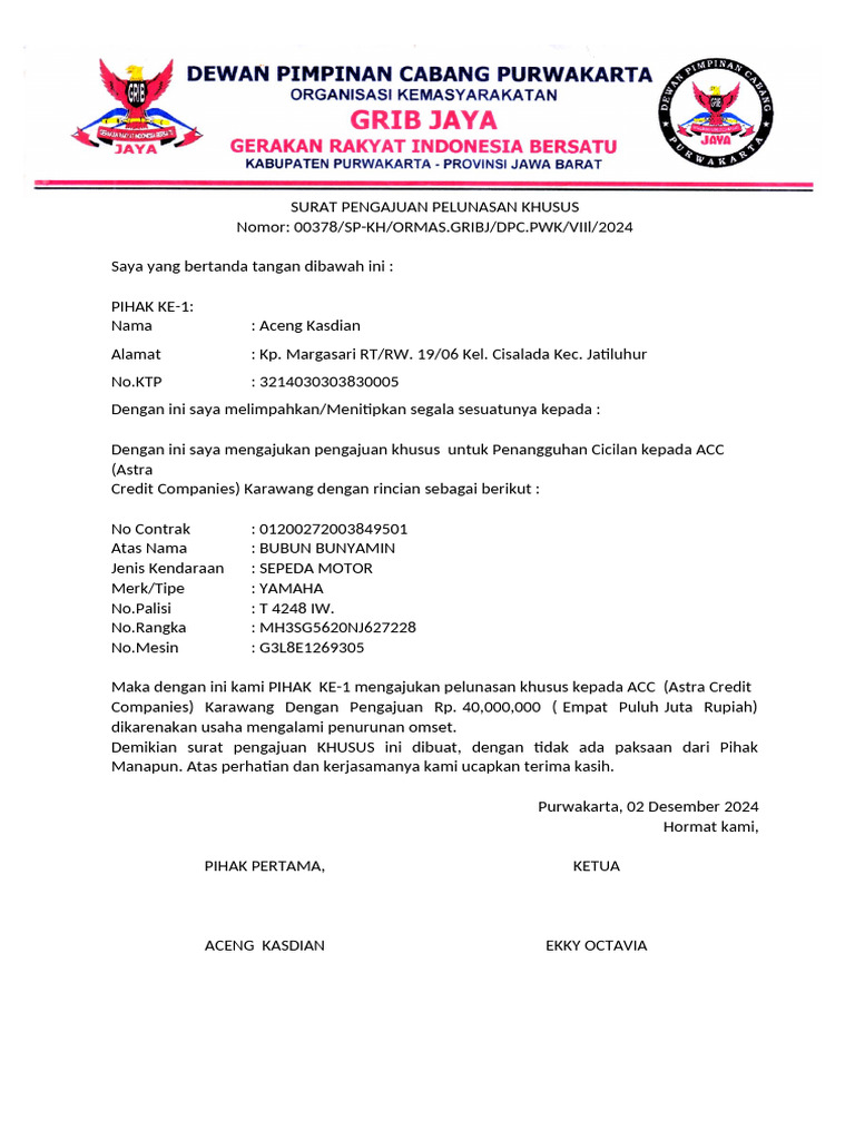 Surat Pengajuan Pelunasan Khusus | PDF