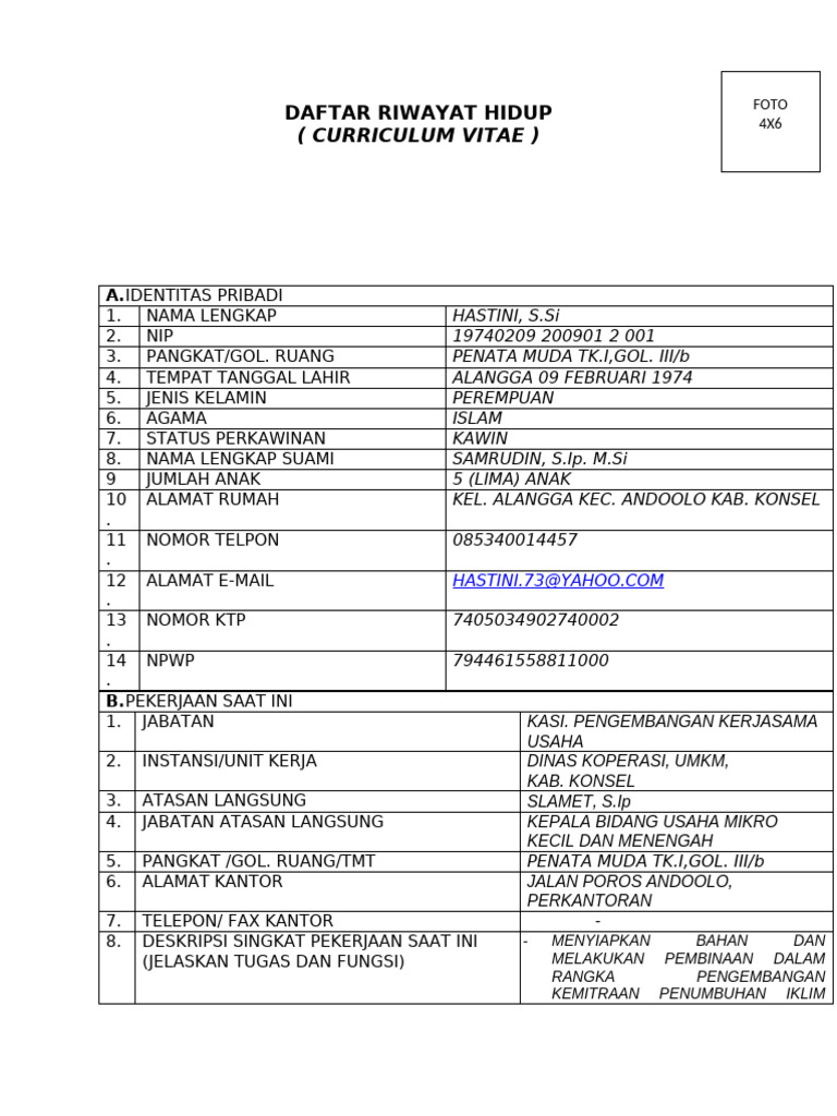 DAFTAR RIWAYAT HIDUP Bu Hastini | PDF