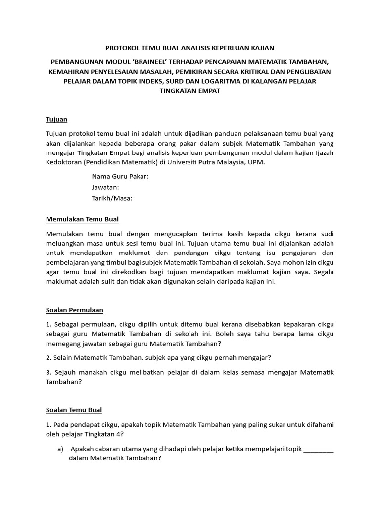 Protokol Temu Bual Analisis Keperluan Kajian | PDF