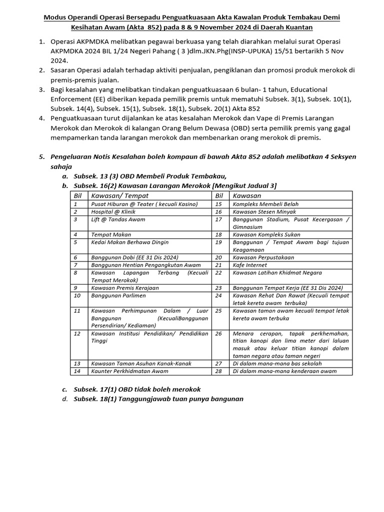 Modus Operandi Operasi Akta 852 Bil 1 2024 KUANTAN | PDF