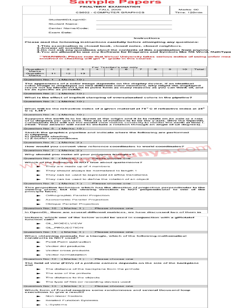 CS602 Computer Graphics BS Computer Science VU University Past Papers ... CS602 Computer Graphics BS Computer Science VU University Past Papers ...