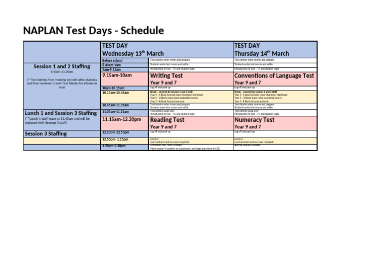 NAPLAN Test Days Schedule | PDF | Qualifications | Standardized Tests