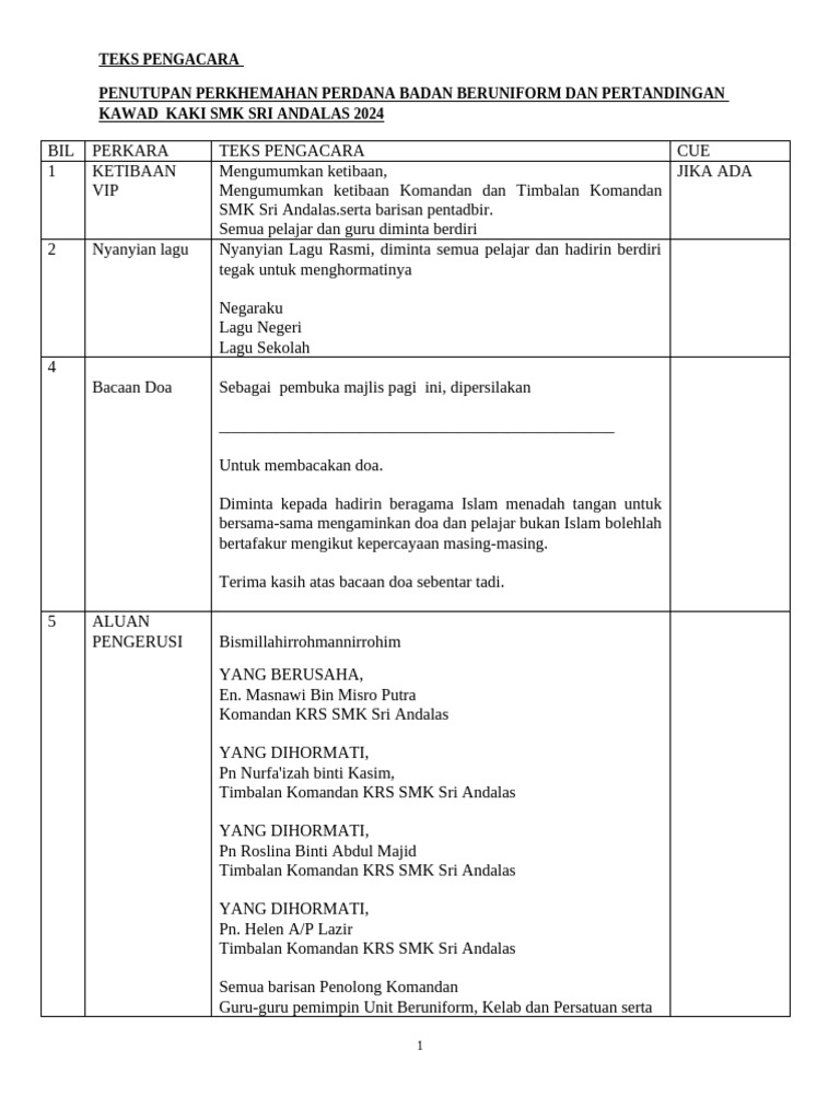 TEKS PENGACARA MAJLIS - Penutupan Perkhemahan Badan Beruniform dan Pertandingan Kawad Kaki | PDF