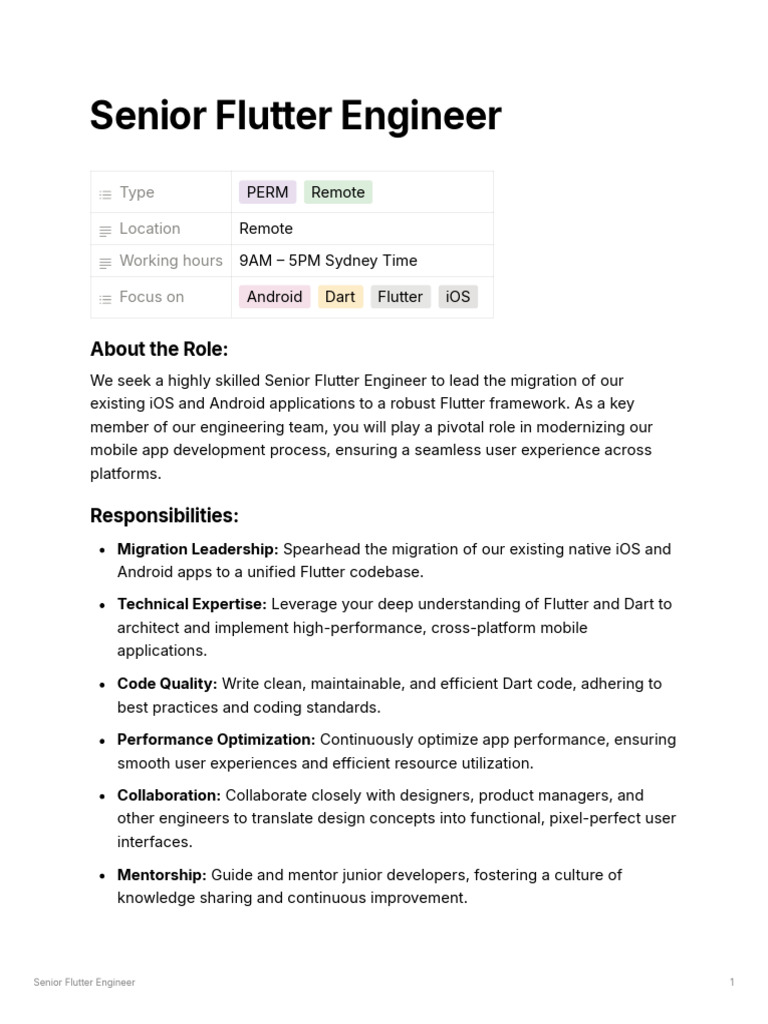 Senior Flutter Engineer - Remote | PDF | Mobile App | Android ...