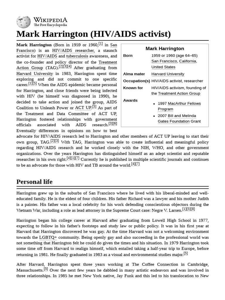 Mark Harrington: HIV/AIDS Activist Bio | PDF | Health Care | Health ...