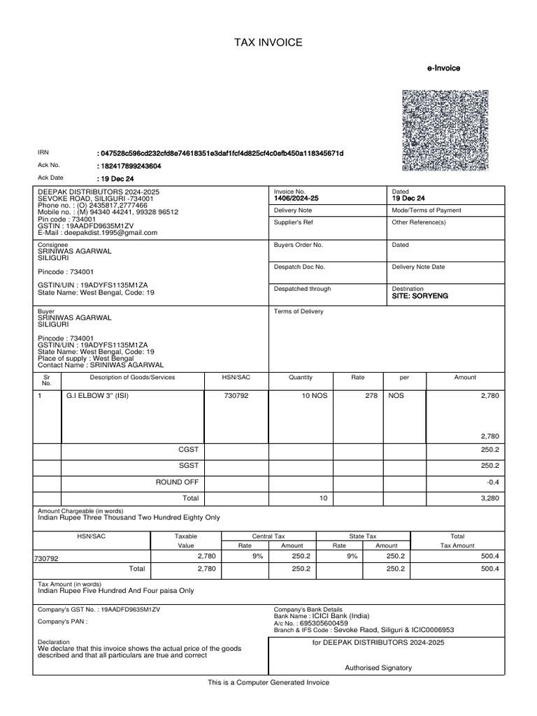 Tax Invoice for Deepak Distributors 2024 | PDF | Taxation | Government ...