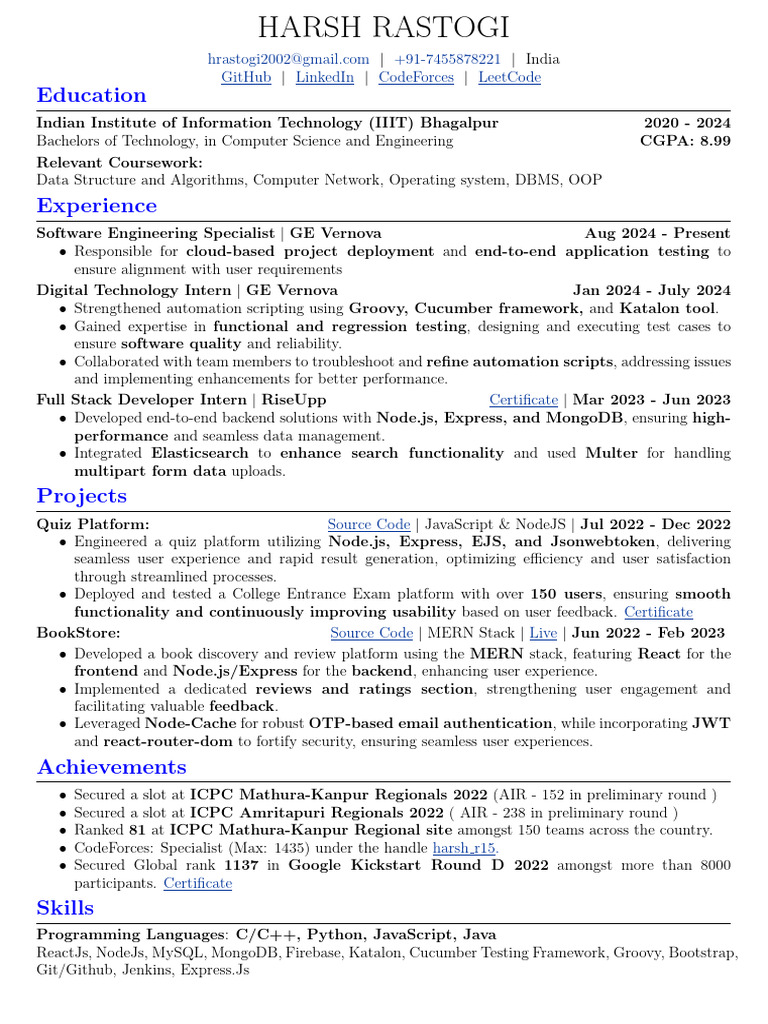 Harsh Rastogi Resume | PDF | Systems Engineering | Computer Engineering