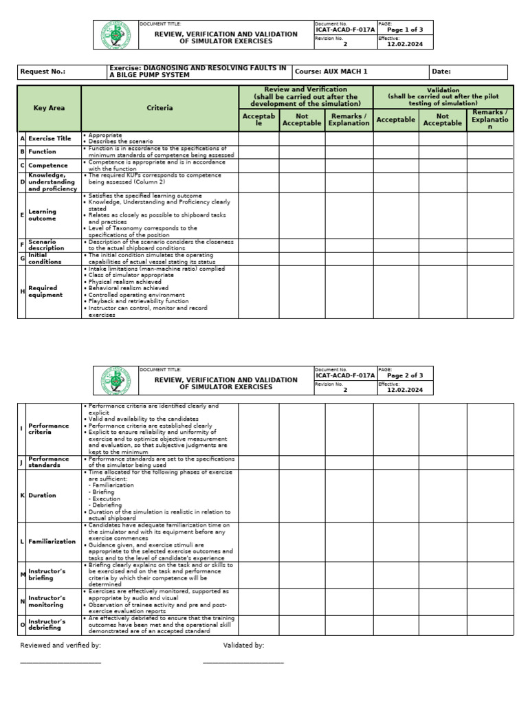 ICAT-ACAD-F-017A Review Verification Validation of Simulator Exercises ...