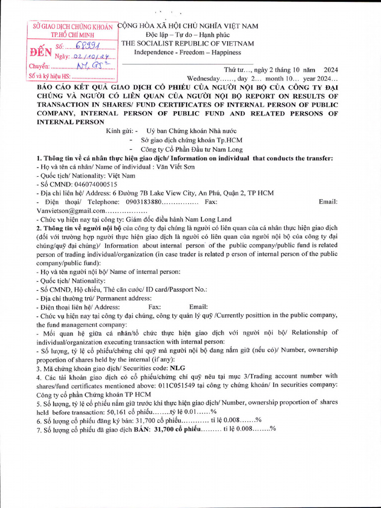 20241003_20241003 - NLG - BCKQ GIAO DICH NNB Van Viet Son | PDF